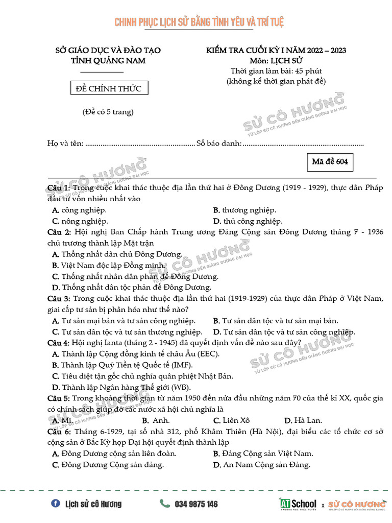 LỊCH SỬ CÔ HƯƠNG 2023 X ĐỀ THI THAM KHẢO - ĐỀ KIỂM TRA CUỐI KỲ I NĂM 2022 - 2023 TỈNH QUẢNG NAM ...