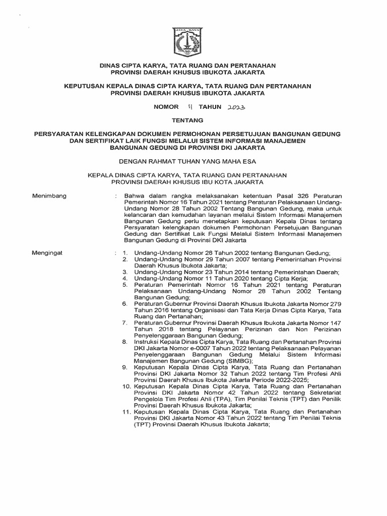SK Kadis No 11 Tahun 2023 Tentang Persyaratan Kelengkapan Dokumen PBG ...