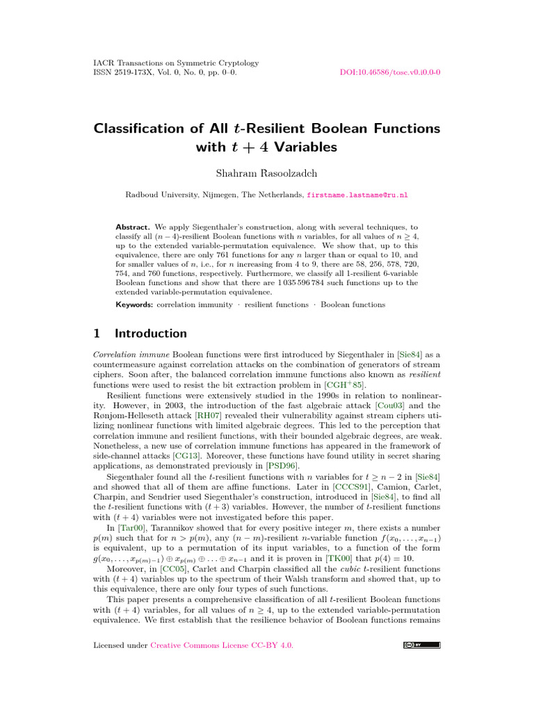 Classification of All T-Resilient Boolean Functions With T + 4 ...
