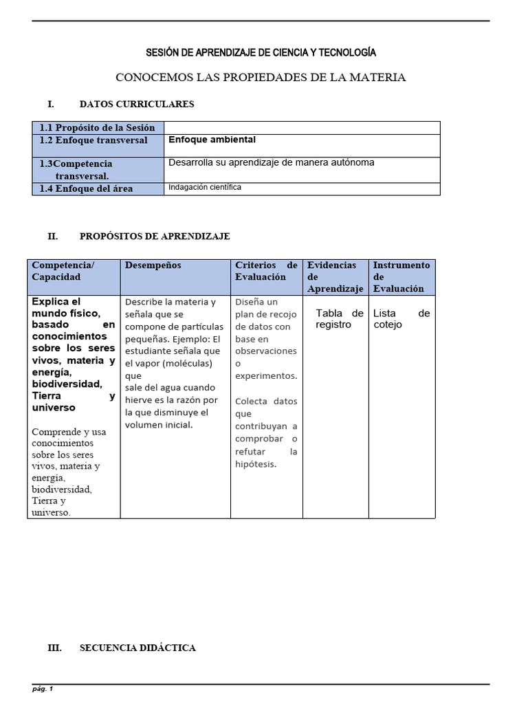 Sesión de Aprendizaje La Materia | PDF | Importar | Evaluación