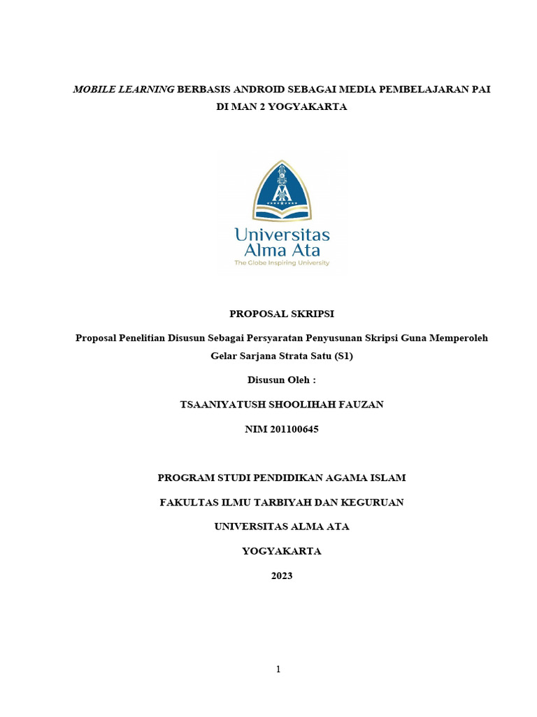 Proposal Skripsi MOBILE LEARNING BERBASIS ANDROID SEBAGAI MEDIA PEMBELAJARAN PAI DI MAN 2 YK | PDF