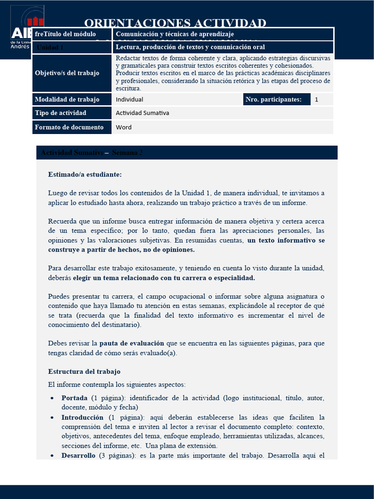 CTA101 Orientaciones Actividad Semana 3 2023 | PDF | Evaluación | Escritura