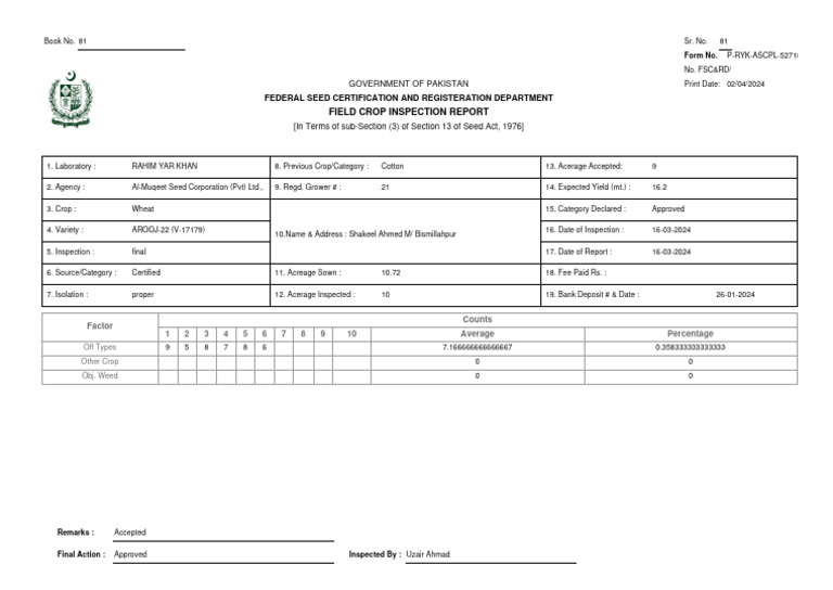 Field Crop Inspection Report: Federal Seed Certification and ...