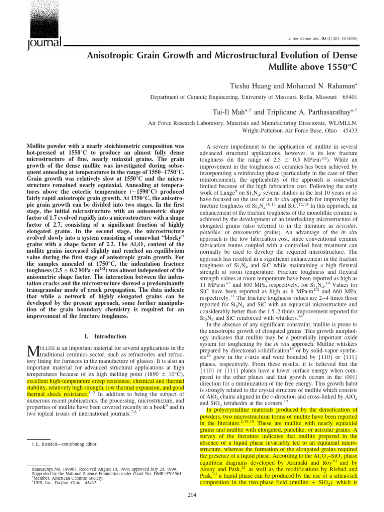 Anisotropic Grain Growth in Mullite | PDF | Sintering | Fracture