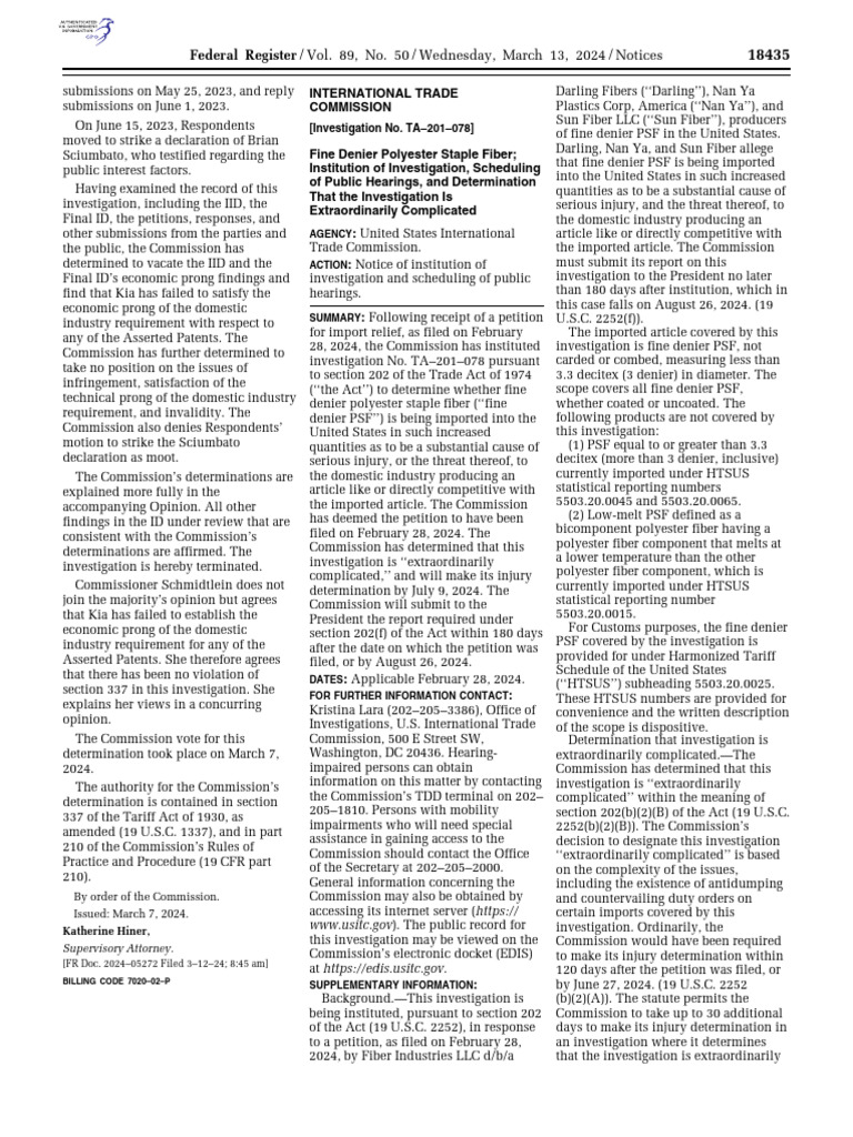 USITC Federal Register SG-PSF | PDF | United States Code | Government