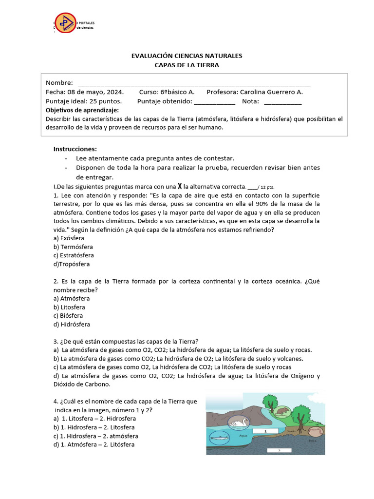 Prueba Capas de La Tierra | Descargar gratis PDF | Tierra | Agua