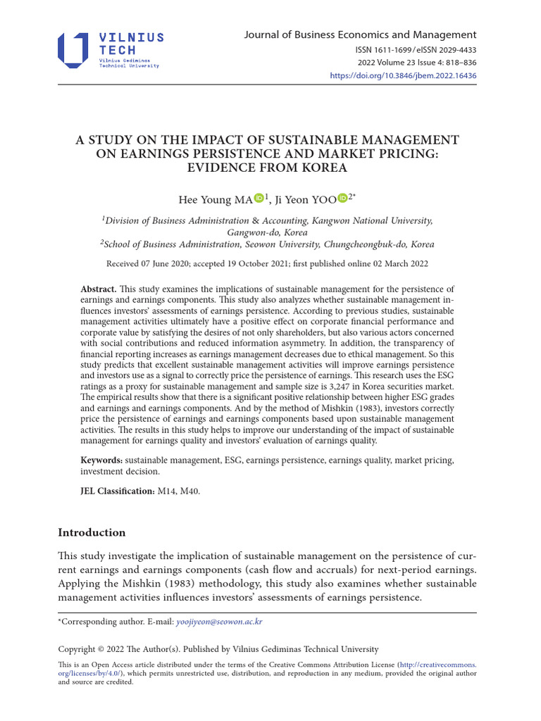 Young, 2022 - Sustainable Management & Earning Persistence | PDF | Corporate Social ...