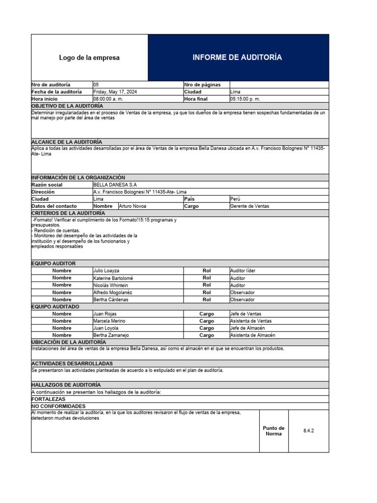 Formato de Informe de Auditoria Con Ejemplo | PDF | Contralor | Auditoría