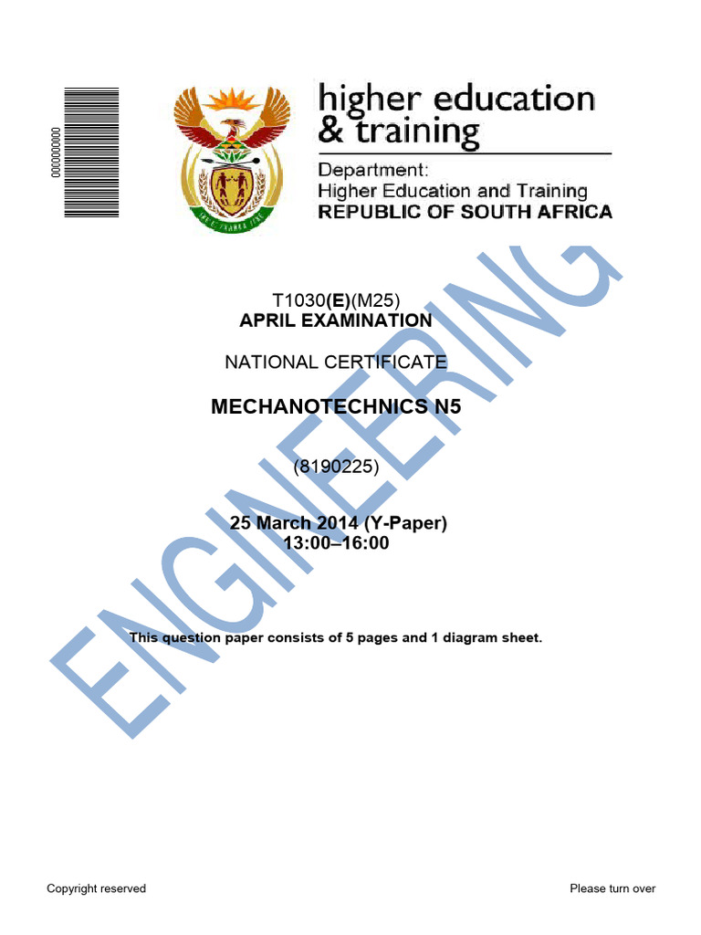 Mechanotechnics n5 QP Apr 2014 | PDF | Gear | Kinematics