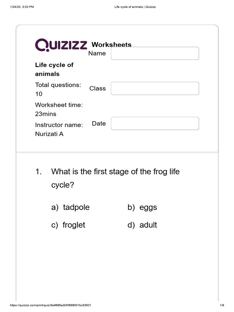 Animal Life Cycle Quiz Worksheet | PDF | Frog | Butterfly