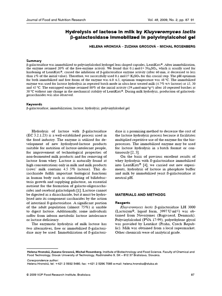 Hydrolysis of Lactose in Milk by Kluyveromyces Lactis | PDF | Milk ...
