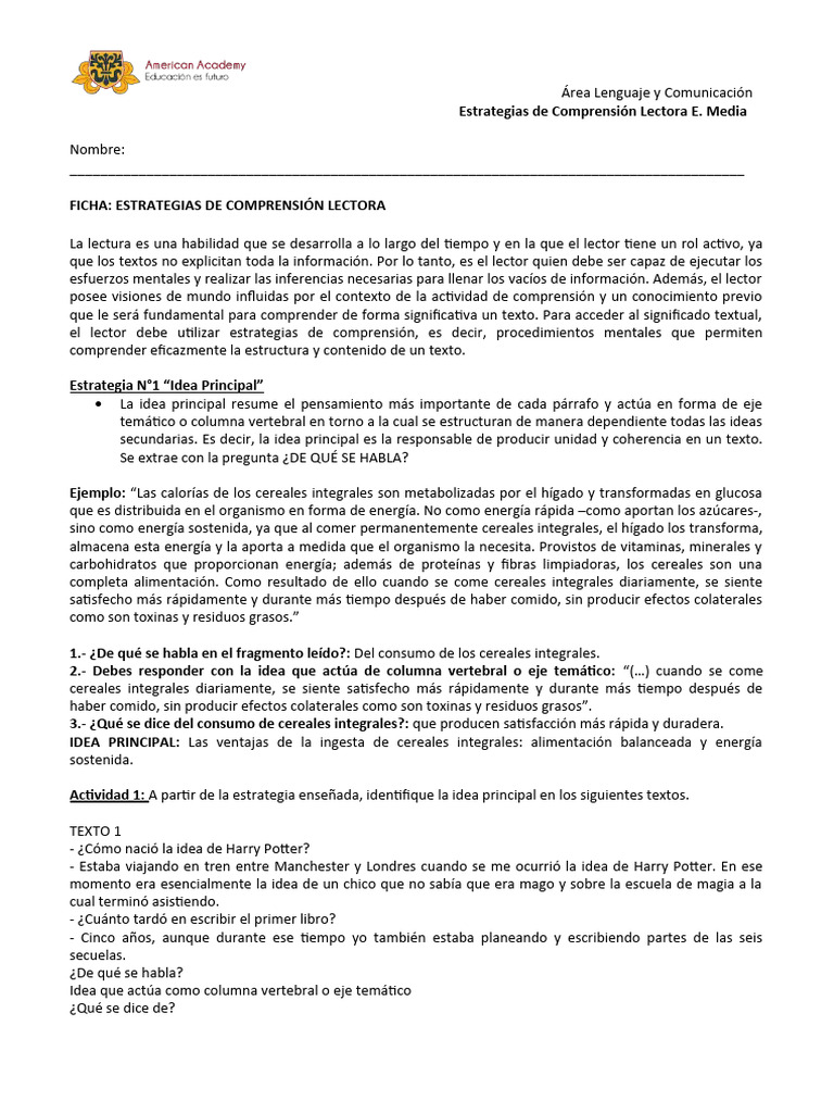 Ficha 4 Comprensión Lectora Idea Principal y Parafraseo | PDF | Teoría ...