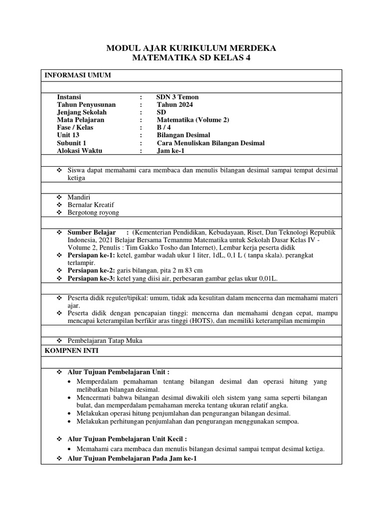 Modul Ajar MTK Kelas 4 | PDF | Karier & Perkembangan | Seni & Disiplin Bahasa