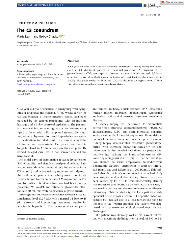 Internal Medicine Journal - 2023 - Lean - The C3 Conundrum | PDF | Complement System | Medicine