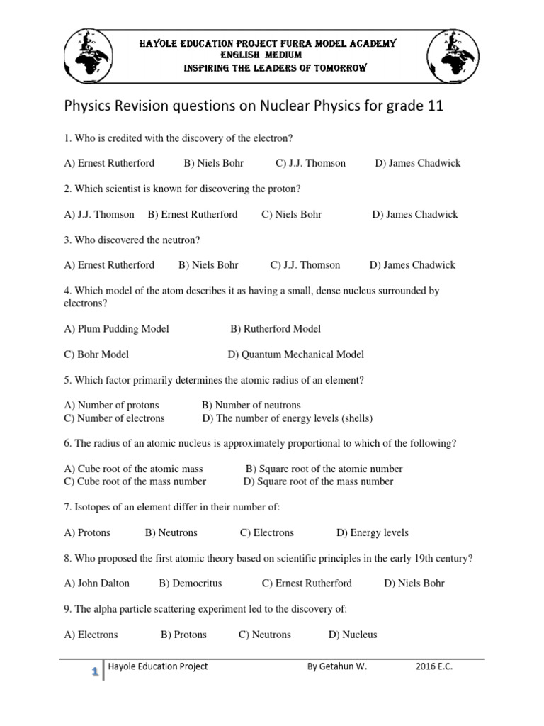 Grade 11 Nuclear Physics Revision Questions | PDF | Radioactive Decay ...