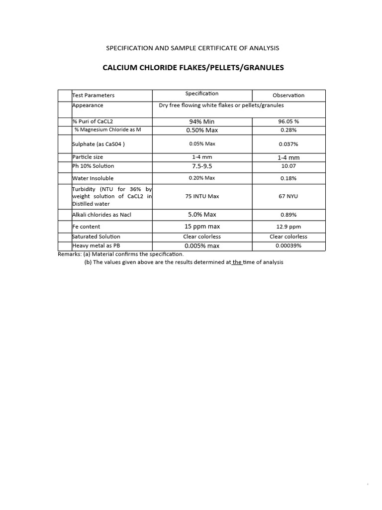Calcium Chloride Specs & CoA | PDF
