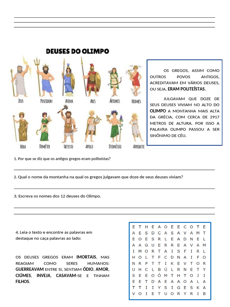Deuses e Heróis Atividade | PDF | Mitologia grega | Grécia Antiga