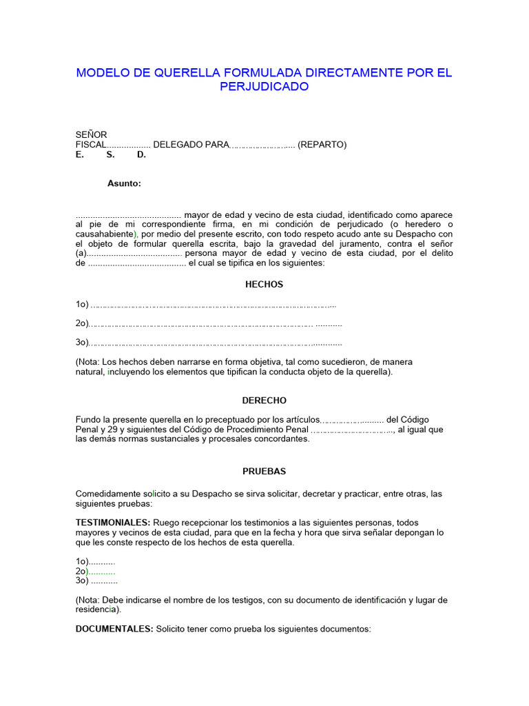 Modelo de Querella Formulada Directamente Por El Perjudicado | PDF | Queja | Justicia
