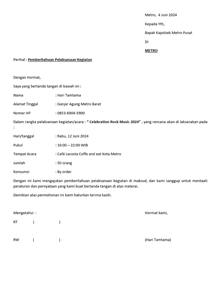 Surat Pemberitahuan Ke RT RW Polsek | PDF