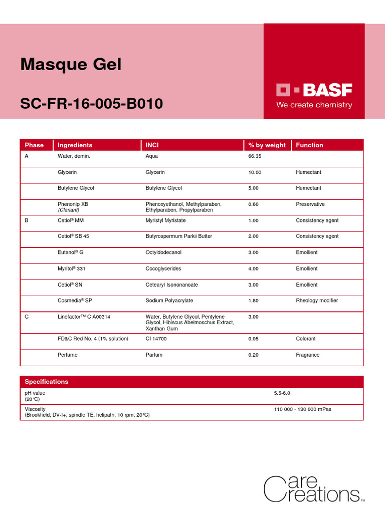 Masque Gel (Formulation #SC-FR-16-005-B010) | PDF | Glycerol