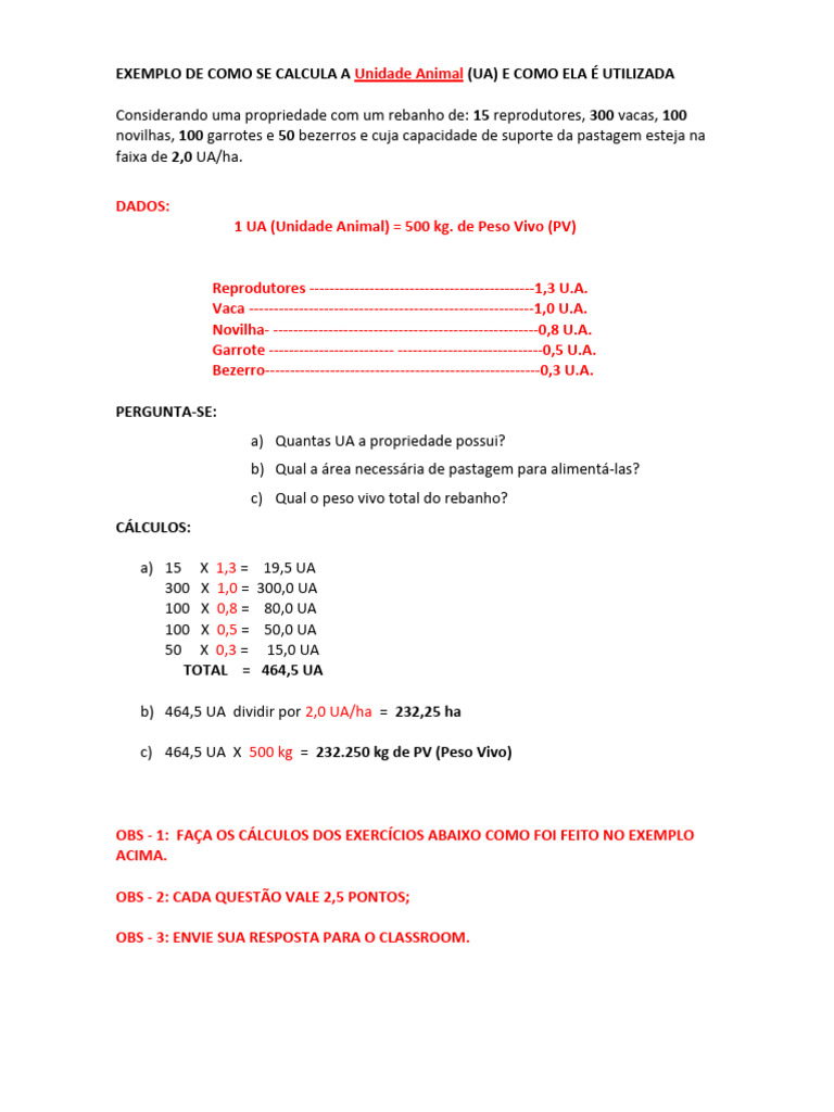 Cálculo de Unidade Animal | PDF | Casa e Jardim | Ciências e Matemática
