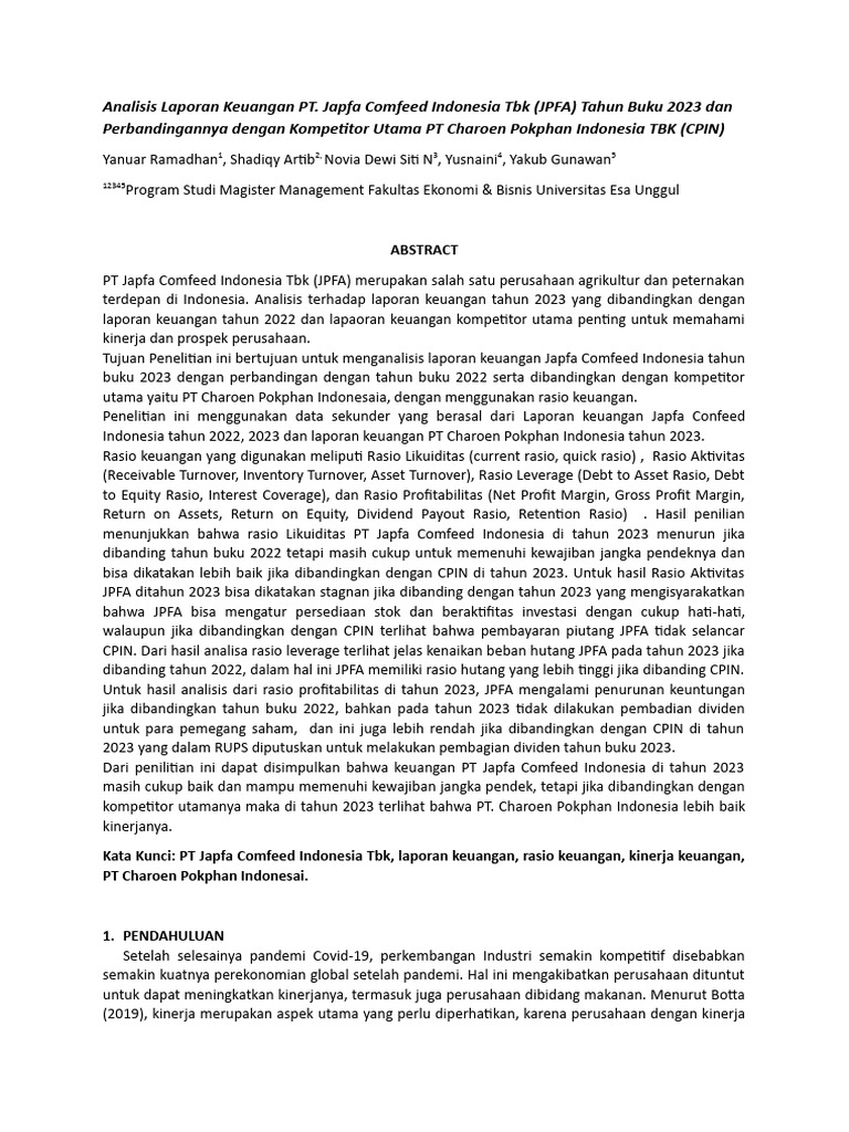 Analisis Laporan Keuangan PT Japfa Comfeed Indonesia tahun 2023 (revisi 10 Juni Shadiqy Artib)(1 ...