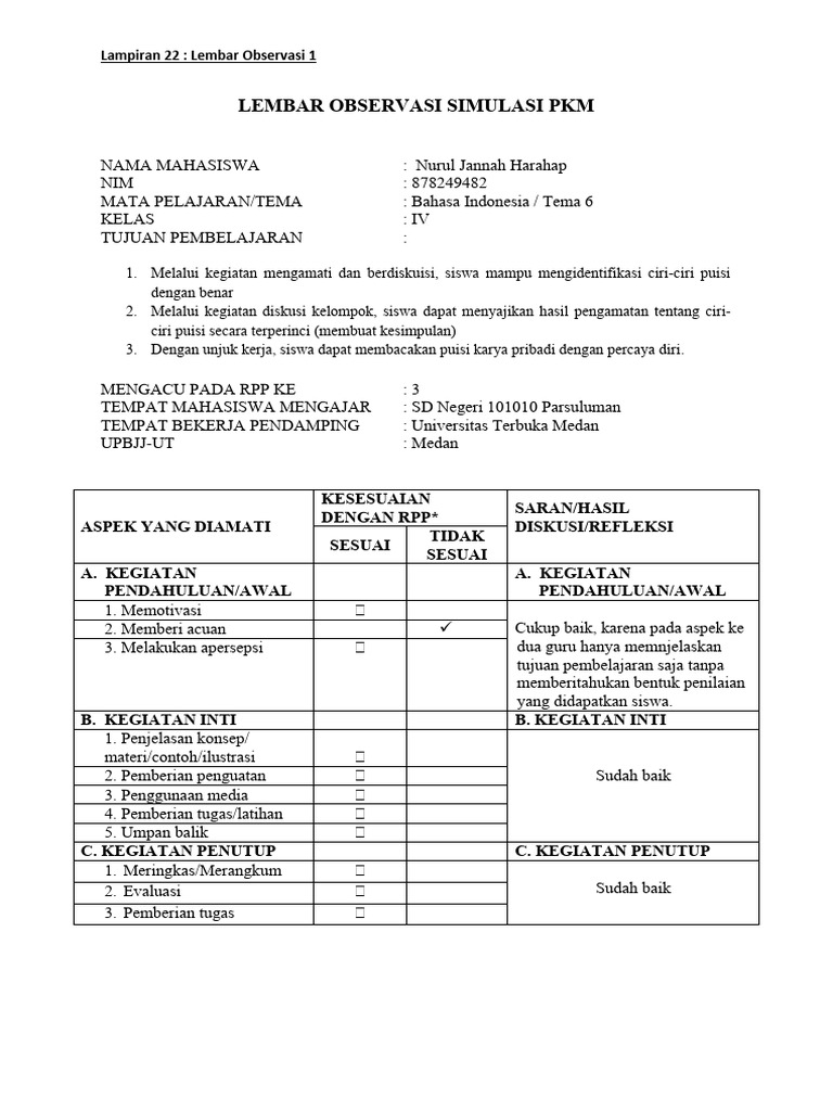 Lembar Observasi RPP 3 | PDF