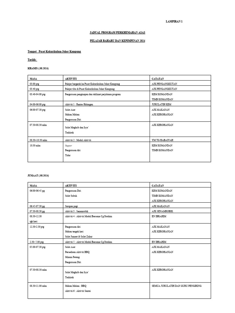 Jadual Aktiviti Kem Kepimpinan Exco Asrama | PDF