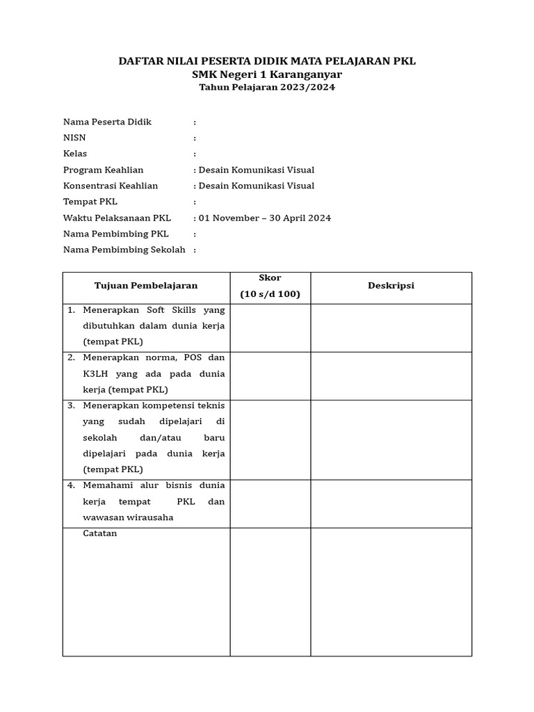 Daftar Nilai PKL Siswa SMK 2023/2024 | PDF