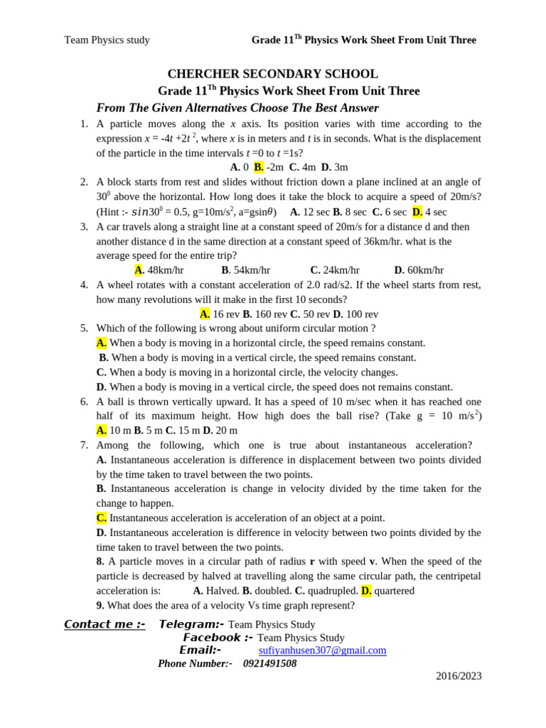 Grade 11 Physics Worksheet Unit 3 | PDF | Acceleration | Velocity