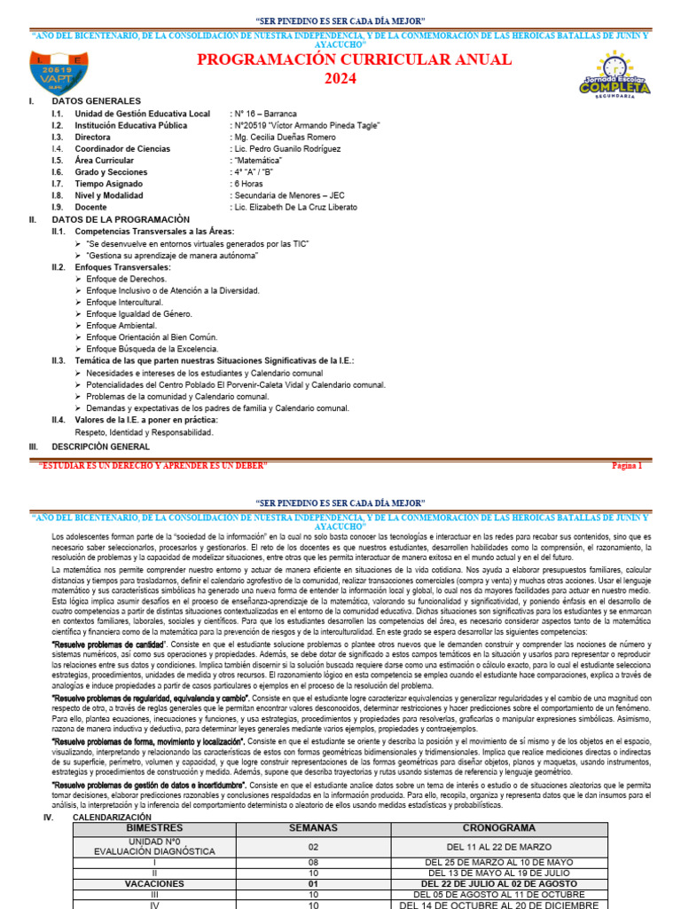 Programación Anual 4° Año 2024 | PDF | Aprendizaje | Geometría