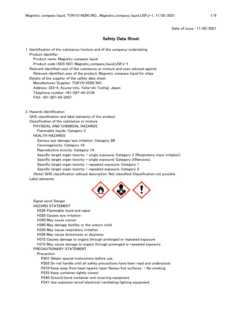 Magnetic Compass Liquid Safety Data Sheet | PDF | Dangerous Goods | Safety