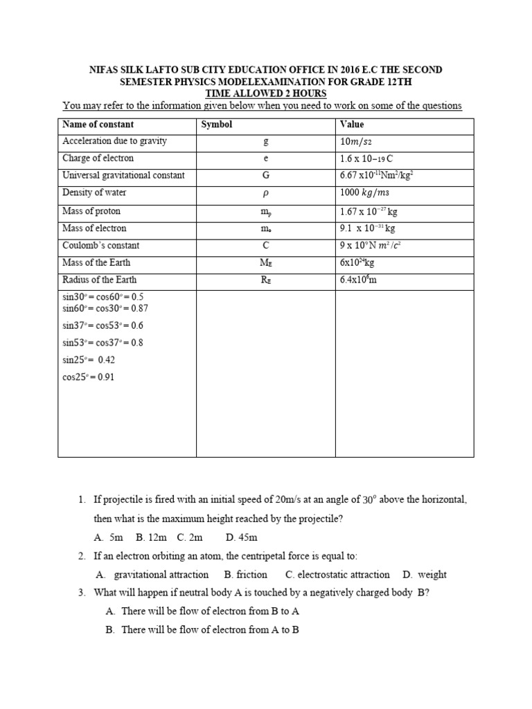 PHYSICS Model Exam For Grade12 | PDF | Force | Inductor