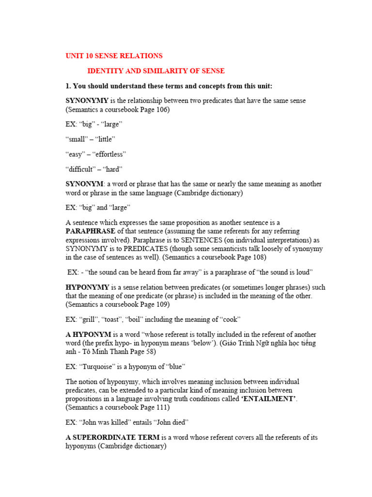 Unit 10 Sense Relations, Identity and Similarity of Sense | PDF | Semantics