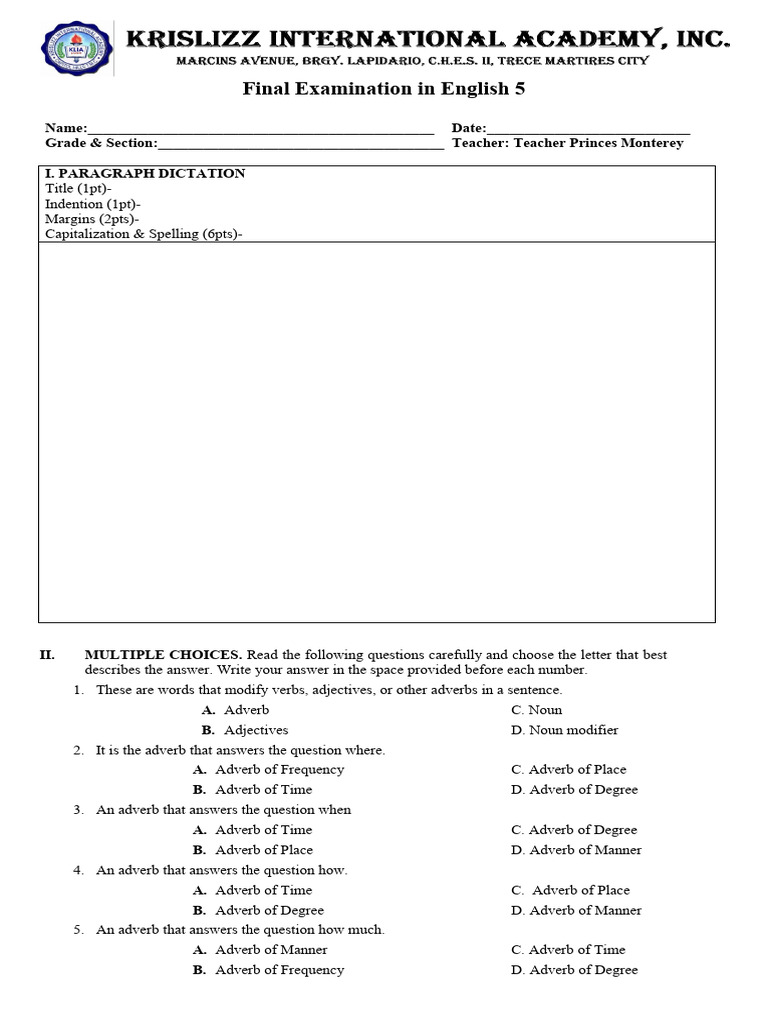 Final Exam Eng5 | PDF | Adverb | Moon