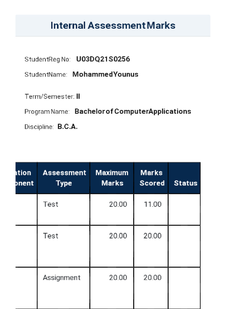 Student Internal Assessment Marks | PDF