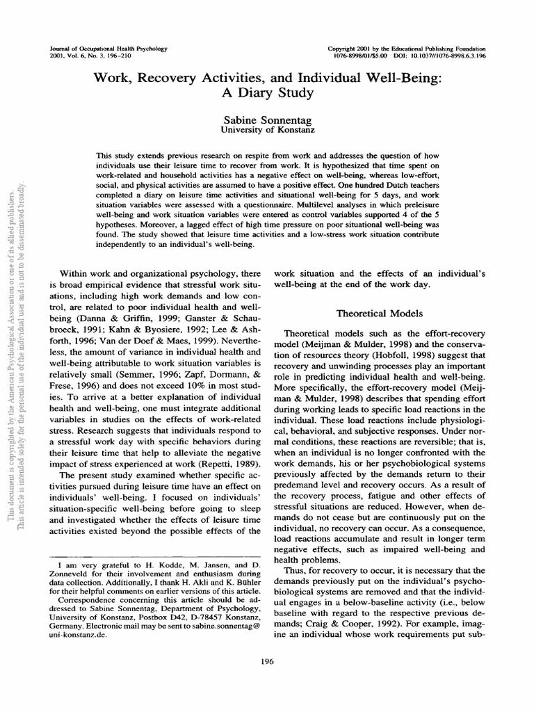 Work, Recovery Activities, and Indivdual Well-Being. A Diary Studya ...