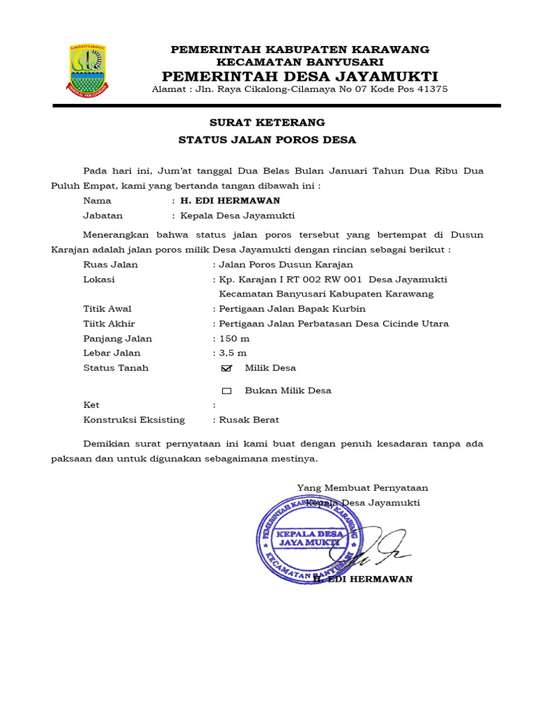 Surat Keterangan Status Jalan | PDF