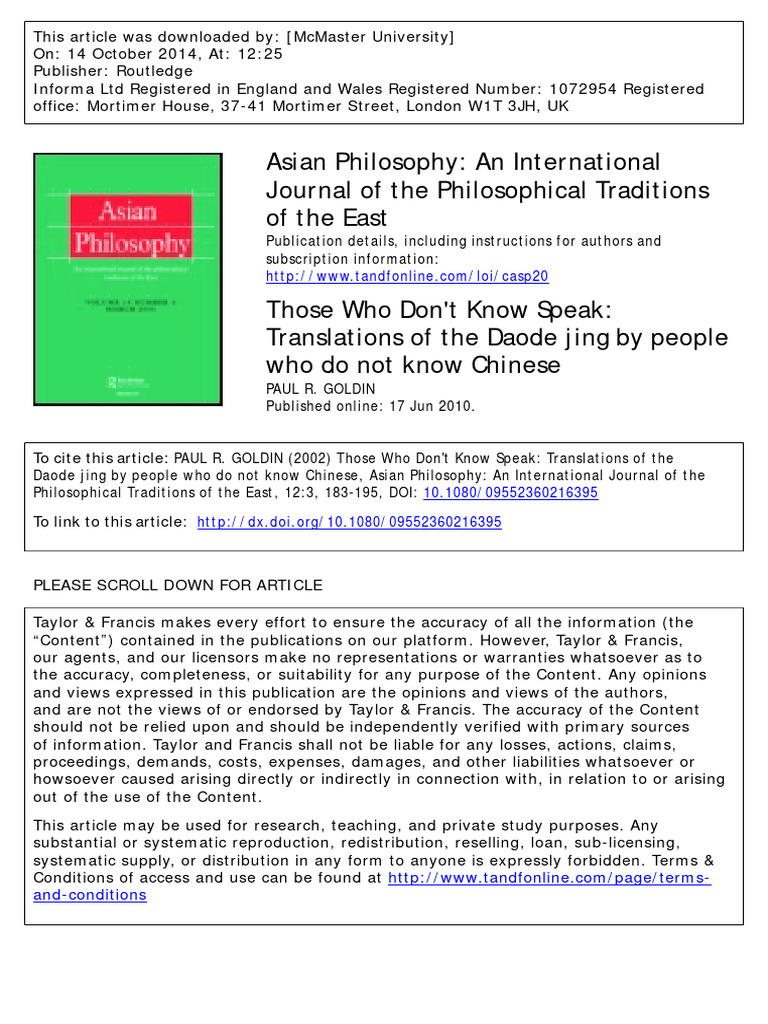 GOLDIN, PAUL R. - Those Who Don't Know Speak - Translations of The ...