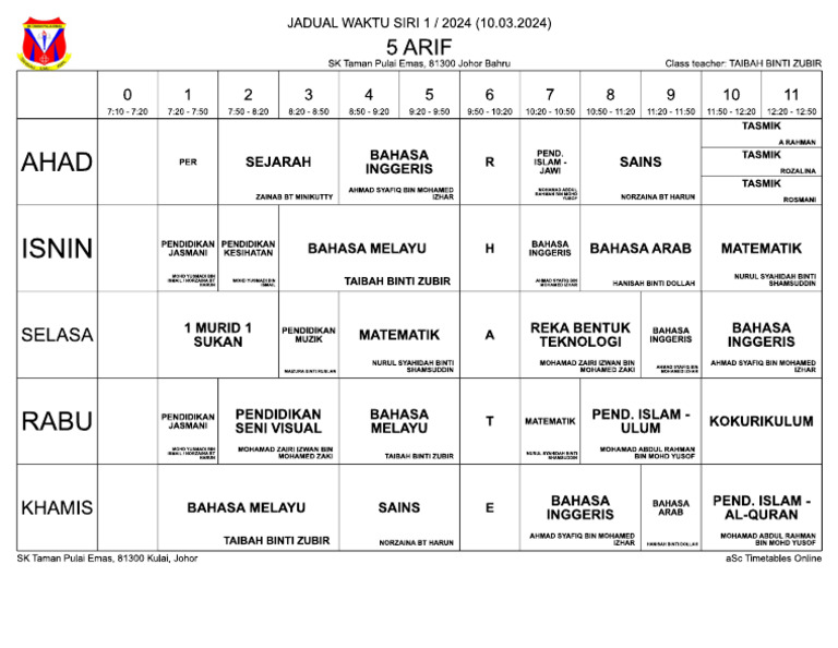 5 Arif - Jadual Waktu Sesi Pagi Bil-1 2024 - 06 | PDF