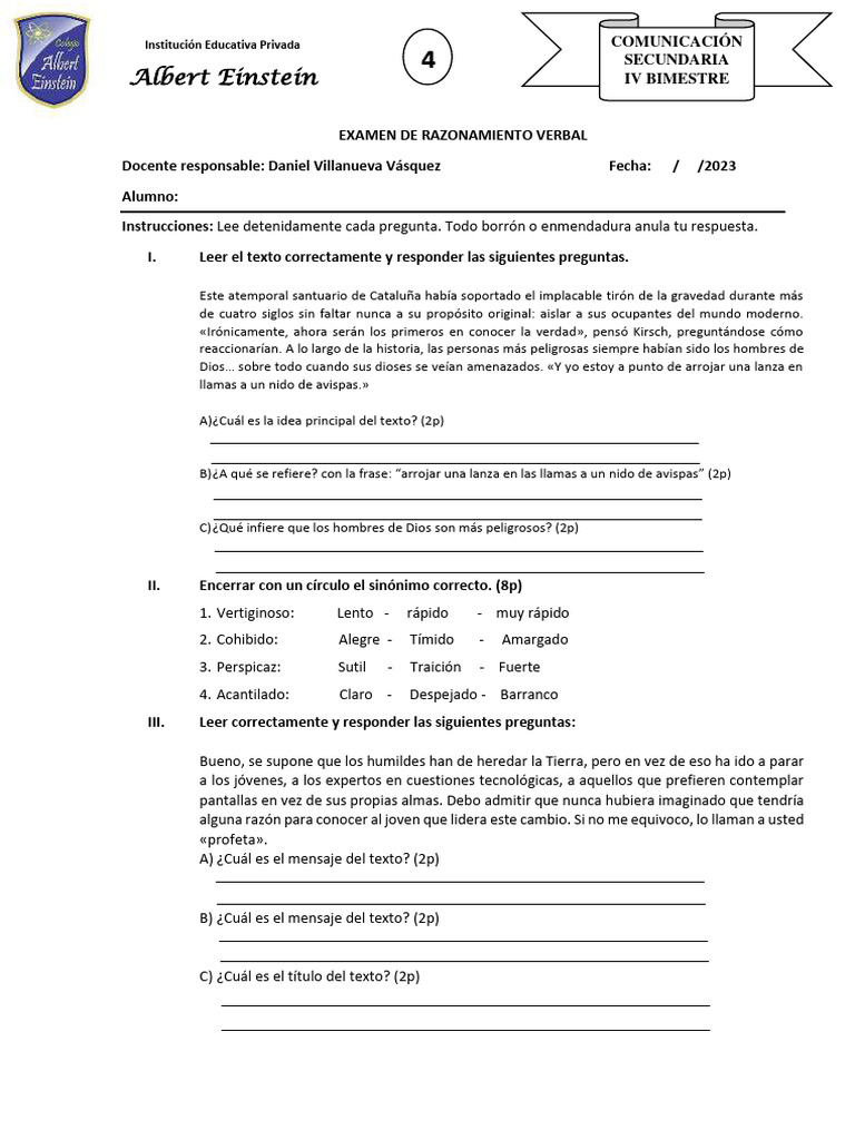 Examen de RV 4° IV-B | PDF