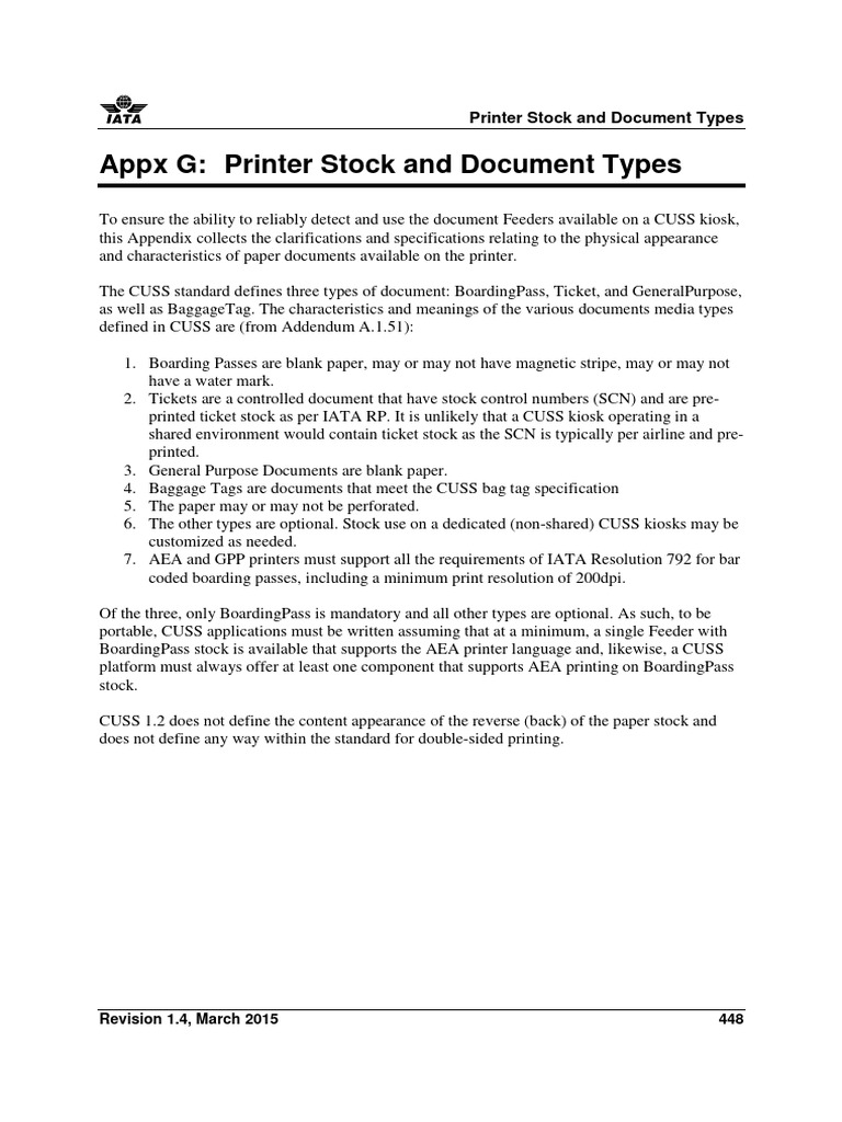 IATA CUSS 1.4 Tech Spec - Appendix G (Printer Stock and Document Types) | Download Free PDF ...