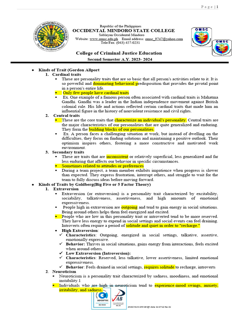 Personality Traits | PDF | Extraversion And Introversion | Behavioural Sciences