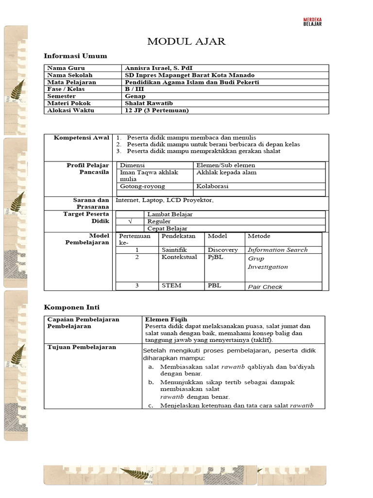 Modul Ajar 3, Shalat Rawatib | PDF