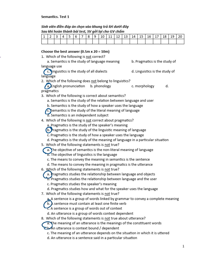 Semantics Test 1 Pdf Linguistics Grammar 