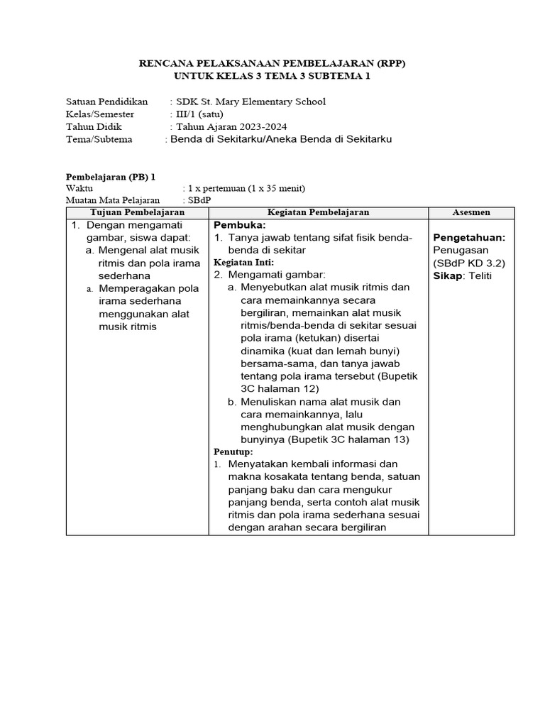 RPP SBDP TEMA 3 - KELAS 3C.FIX | PDF