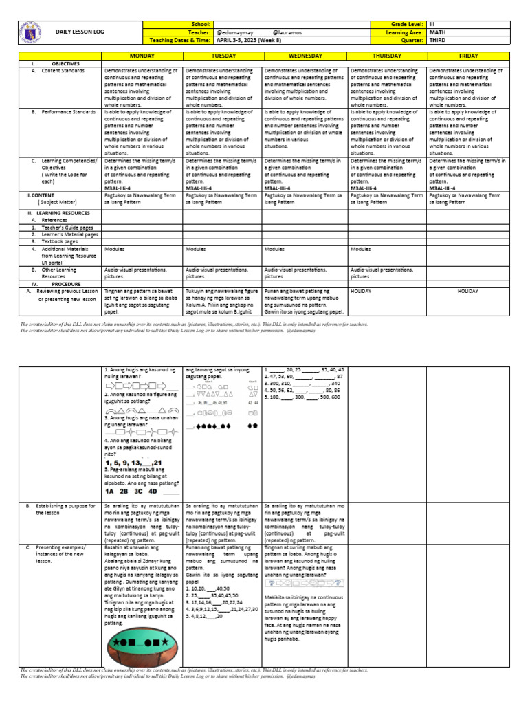 DLL - MATH 3 - Q3 - WEEK 8 Determines The Missing Terms in A Given ...