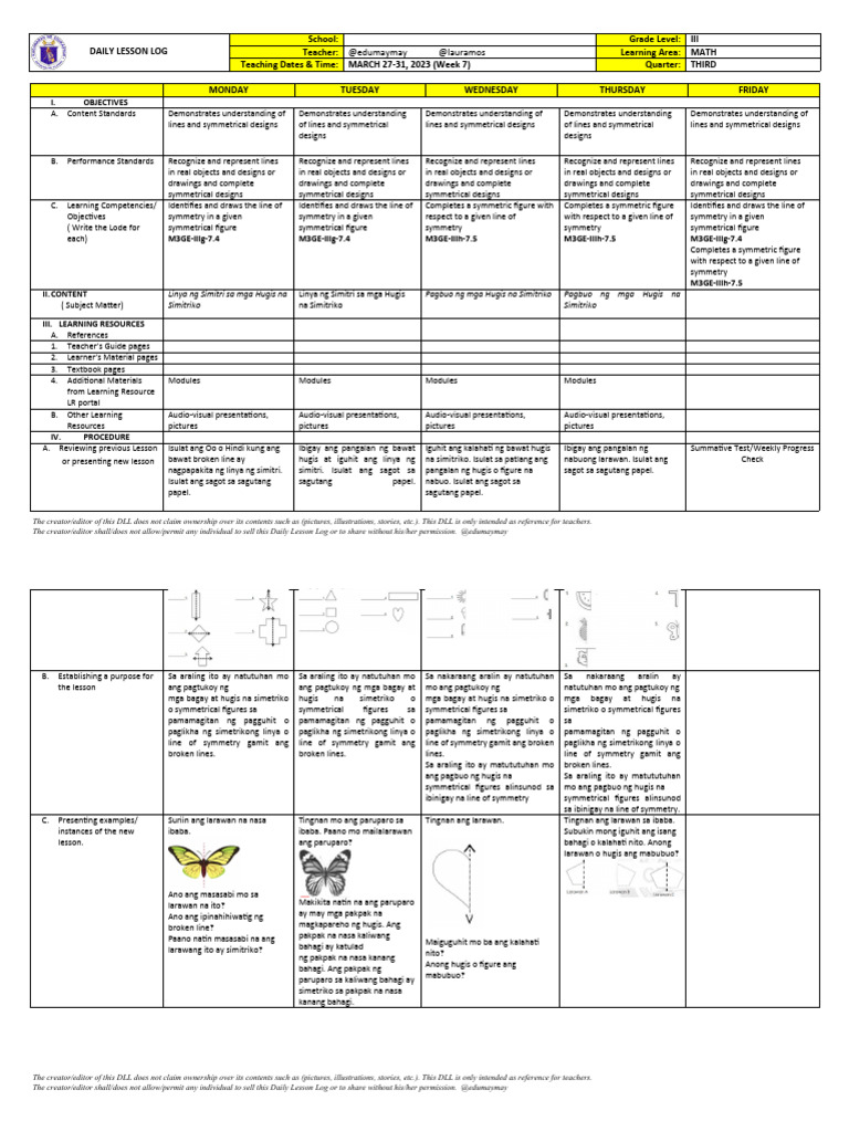 DLL - MATH 3 - Q3 - WEEK 7 Identifies and Draws The Line of Symmetry in A Given@edumaymay | PDF