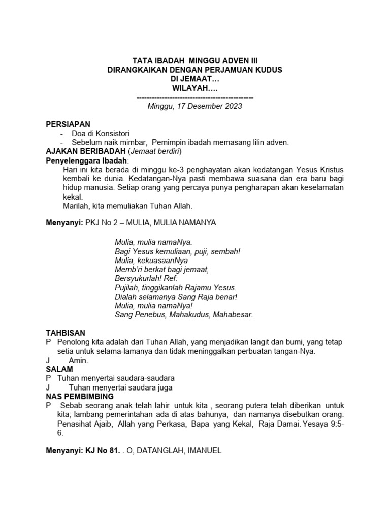 Adven Iii Sekaligus Perjamuan Kudus 17 Desember 2023 | PDF
