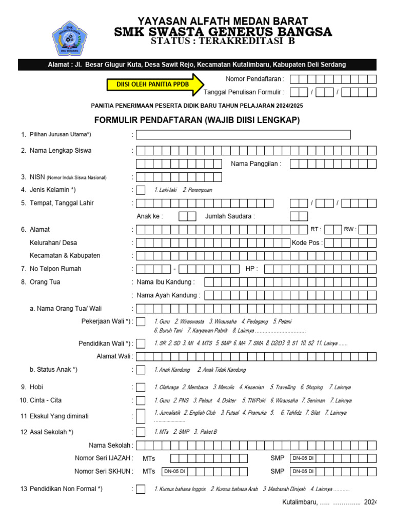 Formulir Pendaftaran Siswa Baru SMK | PDF